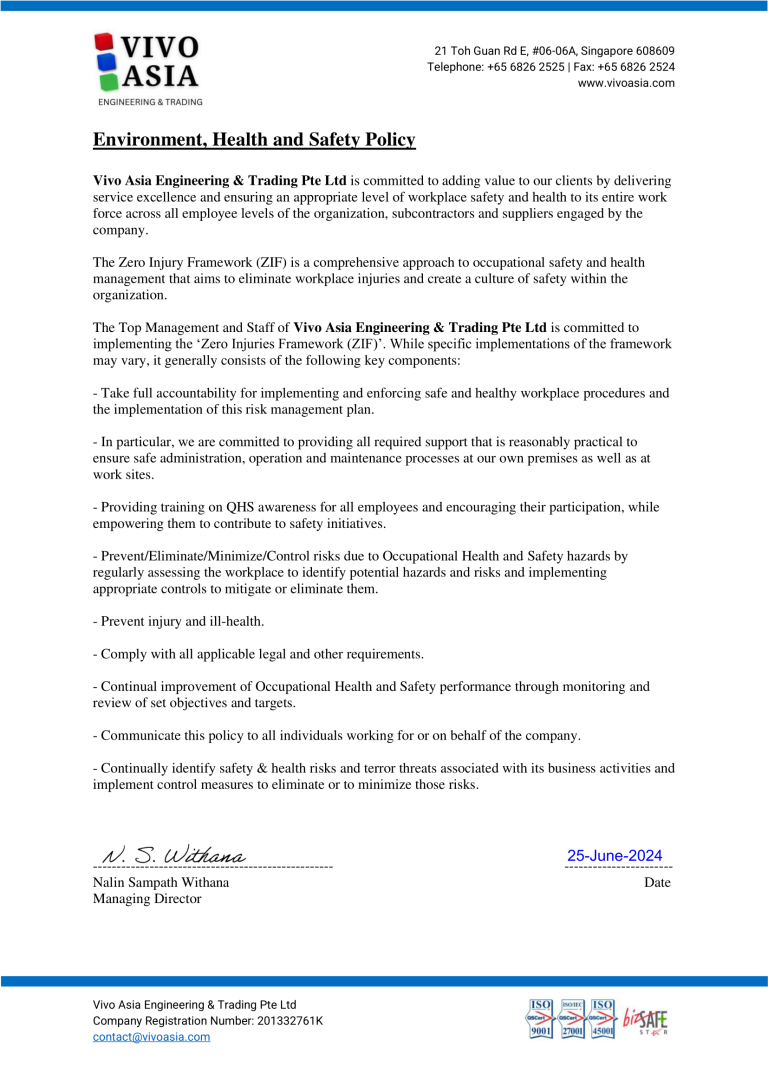 The Zero Injuries Framework EHS Policy